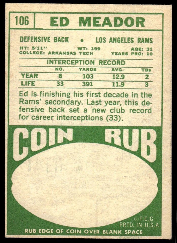 1968 Topps Ed Meador Los Angeles Rams #106 | eBay