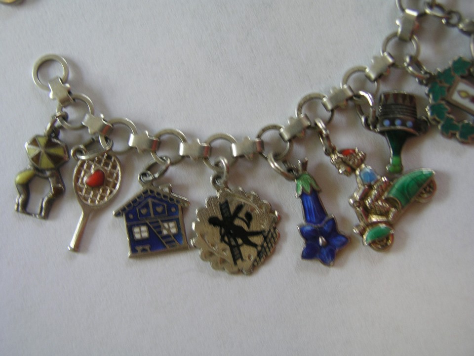RARE VINTAGE ANTIQUE GERMAN SILVER ENAMEL LUCKY CHARM BRACELET 22 ...