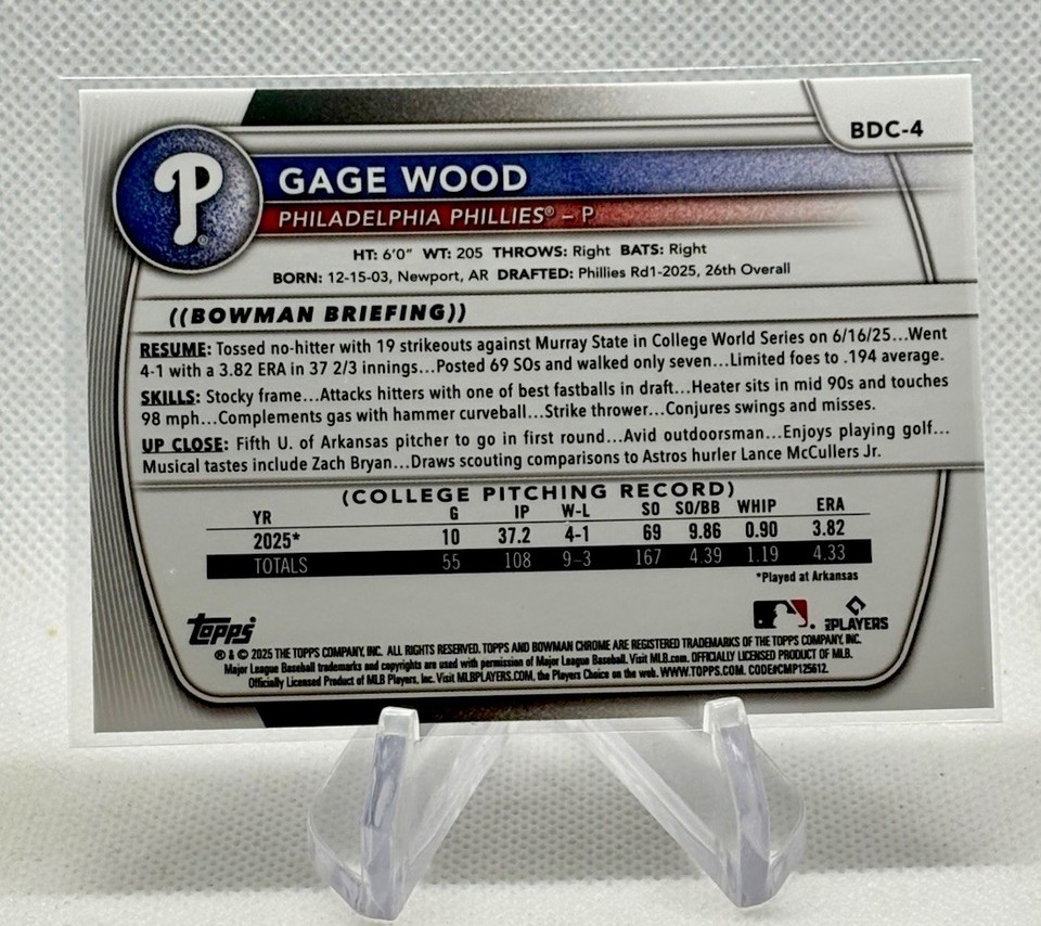 2025 Bowman Draft Gage Wood 1st Bowman Chrome Laser Refractor #BDC-4 ...