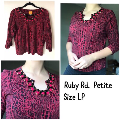 Ruby Road Petite Red Beaded Top women’s Size Large snake print | eBay