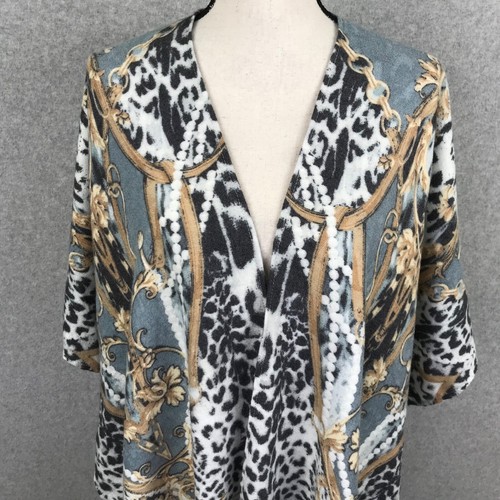 Chicos Fringed Poncho Open Front Sweater Boho Cape One Size Multi Print ...