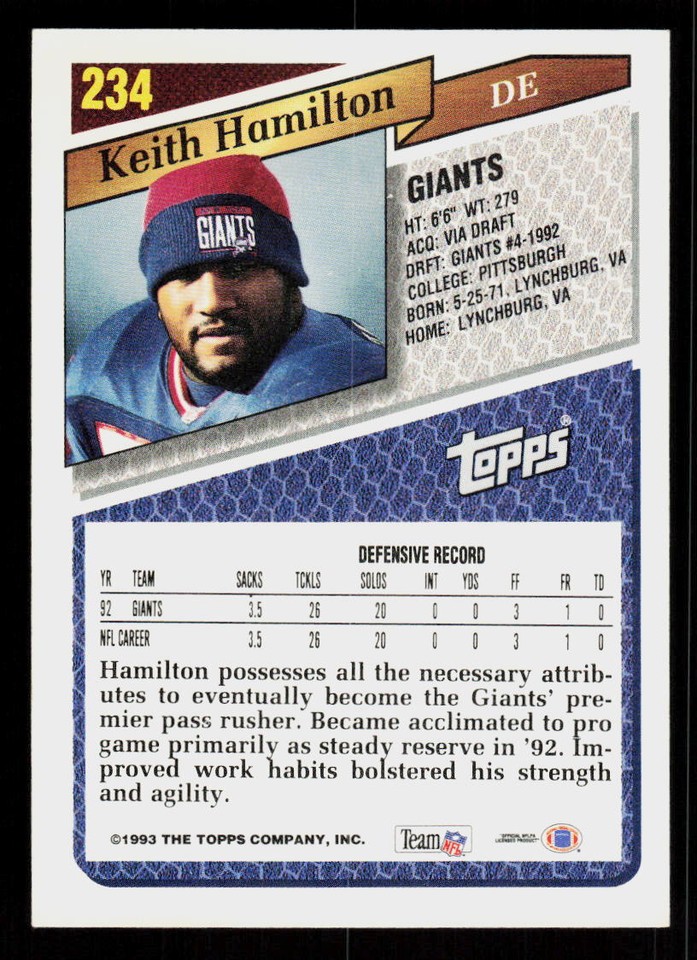1993 Topps Keith Hamilton #234 Football New York Giants | eBay