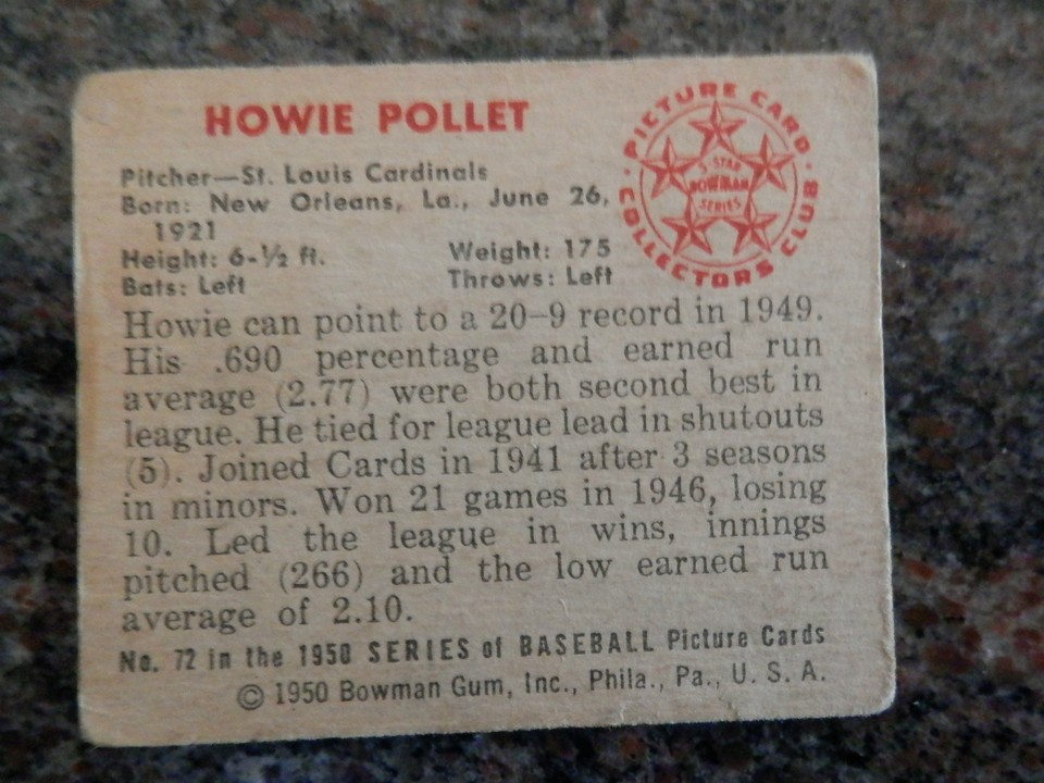 1950 BOWMAN BASEBALL CARD #72 HOWIE POLLET ST. LOUIS CARDINALS - VG | eBay