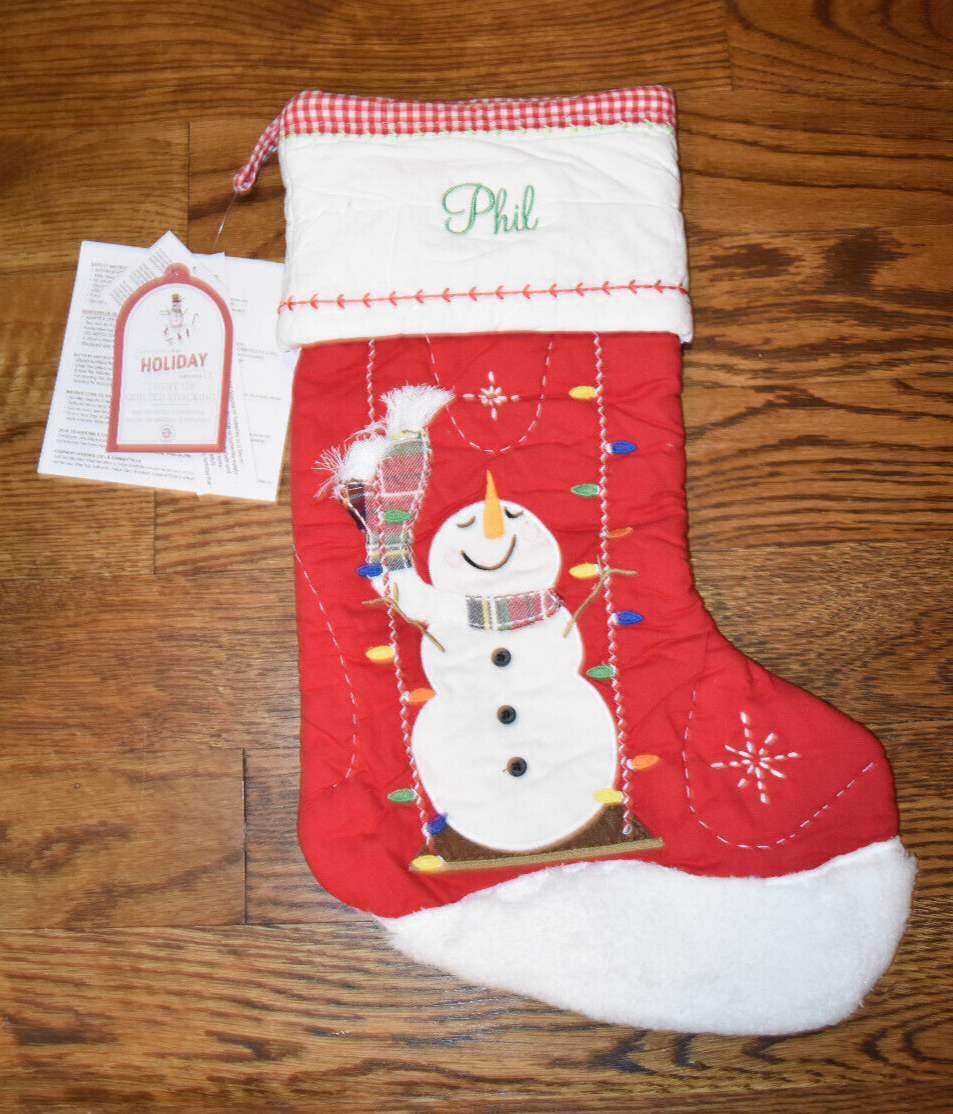 Pottery Barn Kids Light Up Quilted Stocking Snowman Phil Monogram NWT ...