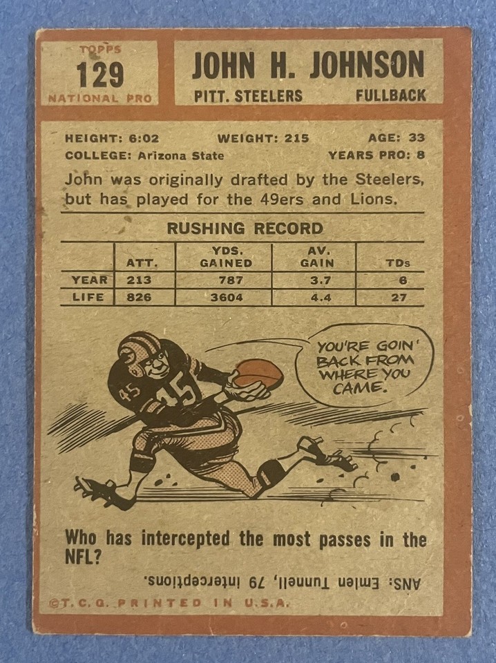 1962 Topps - #129 John Henry Johnson Pittsburgh Steelers Low Grade O16 ...