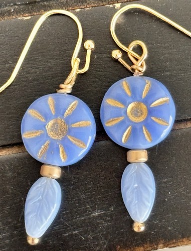 Matte Gold with Periwinkle Picasso Starburst Bead and Leaf Earrings. | eBay