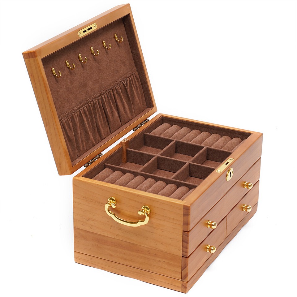 Large Capacity Wooden Jewelry Box 3 Layers + Safe Lock Retro Organizer ...