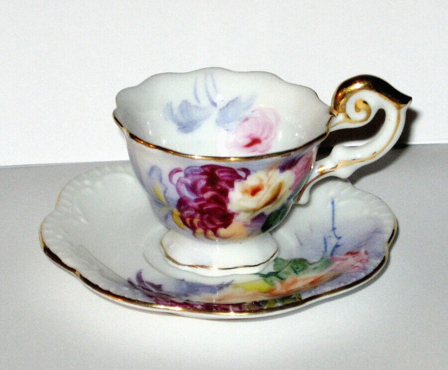 Vintage MINIATURE Porcelain Cup and Saucer 1950s Floral Hand Painted K ...