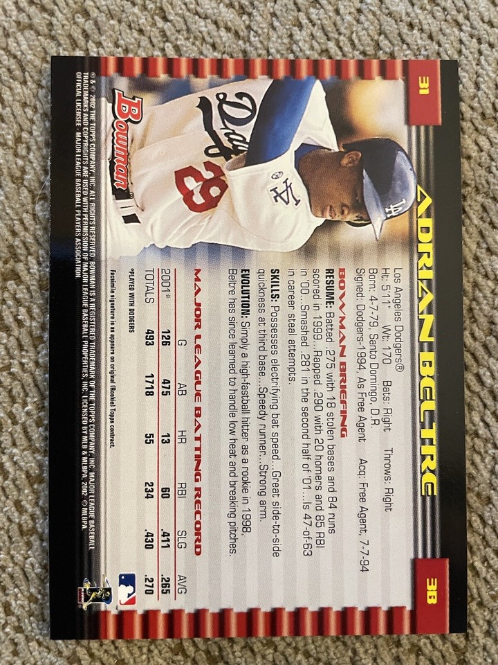 2002 Bowman Baseball Adrian Beltre #31 Los Angeles Dodgers HOF Mint 🔥 ...