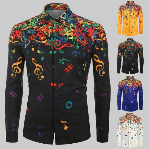 Men's Casual Shirts Long-Sleeved Musical Note Print Collared Shirts ...
