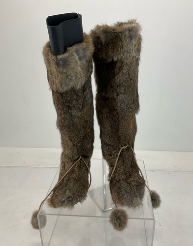 ASH Brown Brindle Rabbit Fur Pom-Pom Pull-On Wedge Heel Tall Boots Size ...
