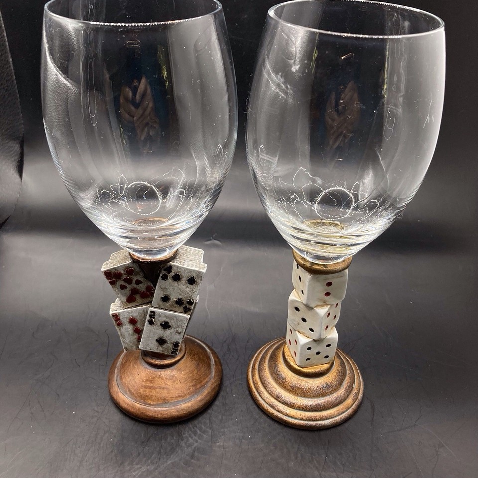 Vintage Poker Themed Wine Glasses Resin Dice Cards Wood Bases Man Cave ...