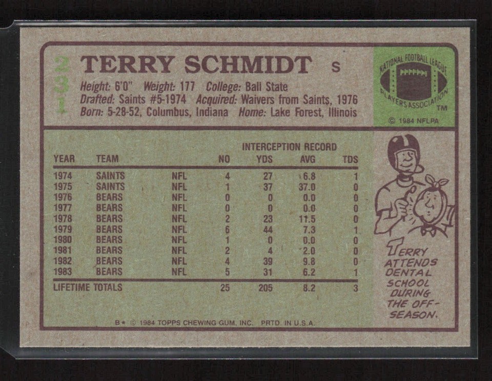 1984 Topps #231 Terry Schmidt Chicago Bears Near Mint or Better | eBay