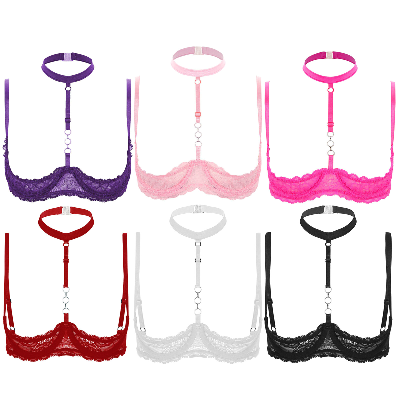 Women's Open Cup Bra Underwire Halter Sheer Bralette Push Up Brassiere ...