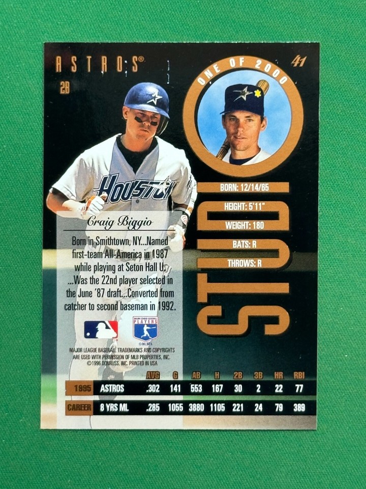 1996 Leaf Studio Baseball #41 Craig Biggio Press Proofs Bronze Parallel ...