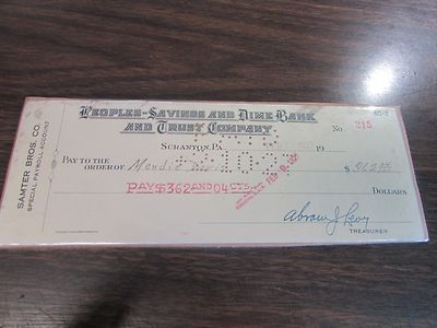 VINTAGE - PEOPLES-SAVINGS AND DIME BANK - SCRANTON PA - CANCELLED CHECK ...