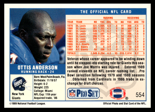 1989 Pro Set Ottis Anderson #554 New York Giants NFL Football | eBay