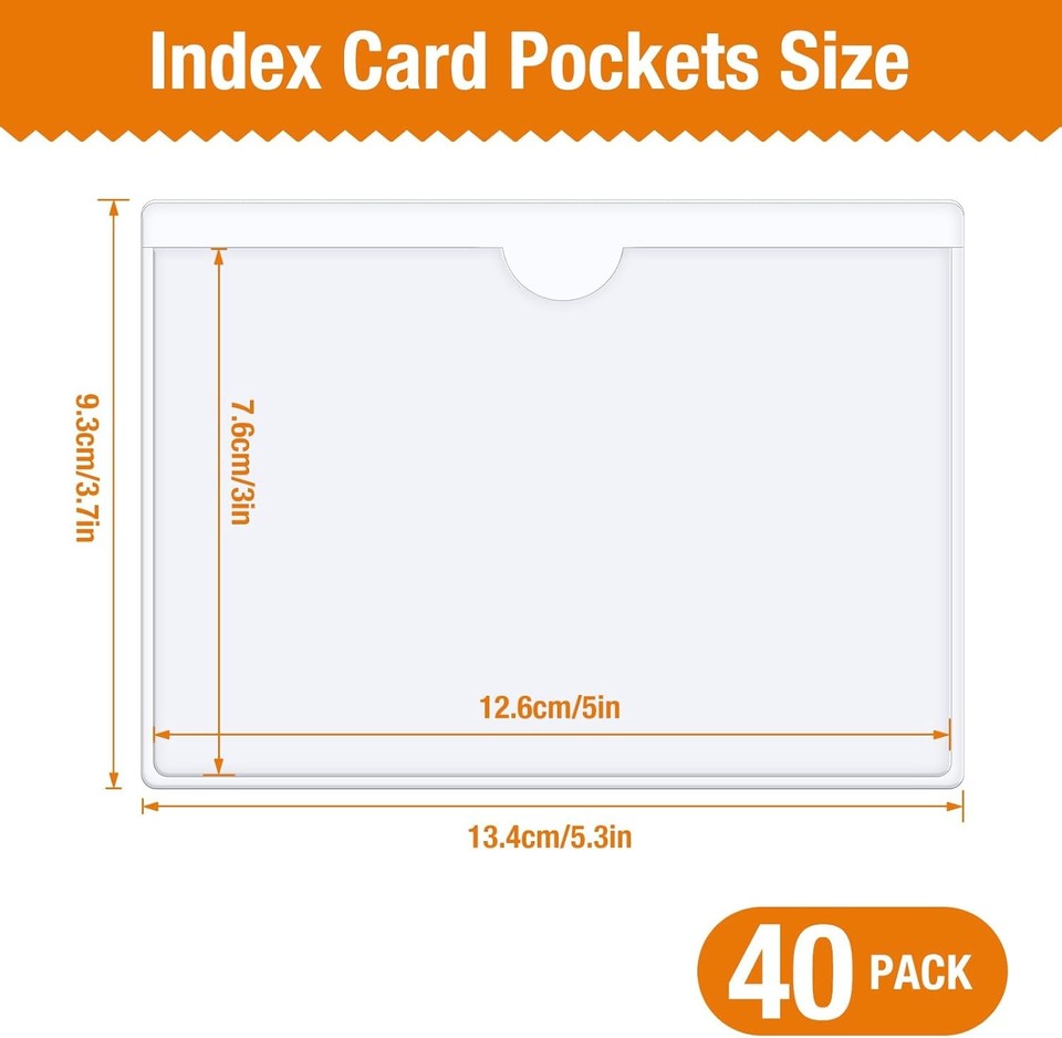 40 PCS Index Card Pockets, Self Adhesive Card Pockets 3"X5" with Top ...