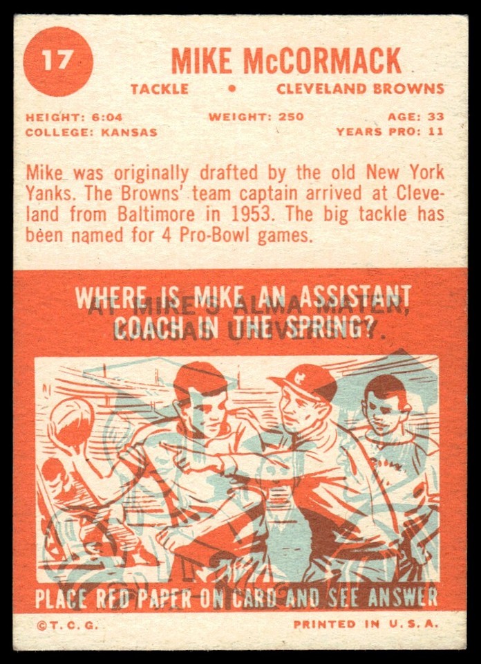 1963 Topps Mike McCormack Cleveland Browns #17 | eBay