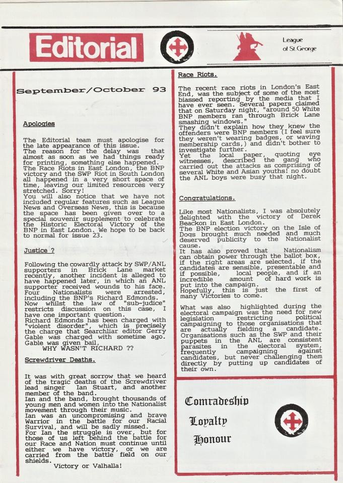 League Sentinel Magazine No 22 1993- Derek Beackon victory NF/ BNP rare ...