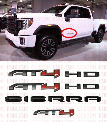 4PCS Matte Black Red AT4 Emblem Sierra Letters Fit GMC Sierra 1500 ...