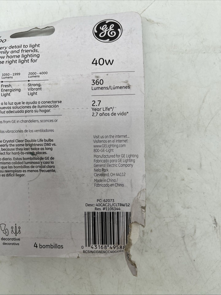 4 Bulb GE 40 Watt Crystal Clear Flame Tip CA-Type Light Bulbs w ...