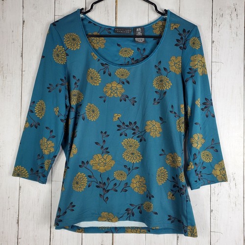 Apostrophe Long Sleeve Floral Top Shirt Sz M 10-12 Teal Nylon Spandex ...