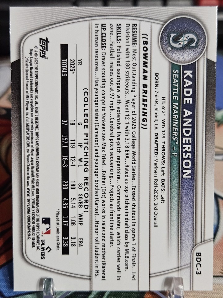 KADE ANDERSON 2025 Bowman Draft Chrome #BDC-3 1st Bowman - Mariners 🔥 ...