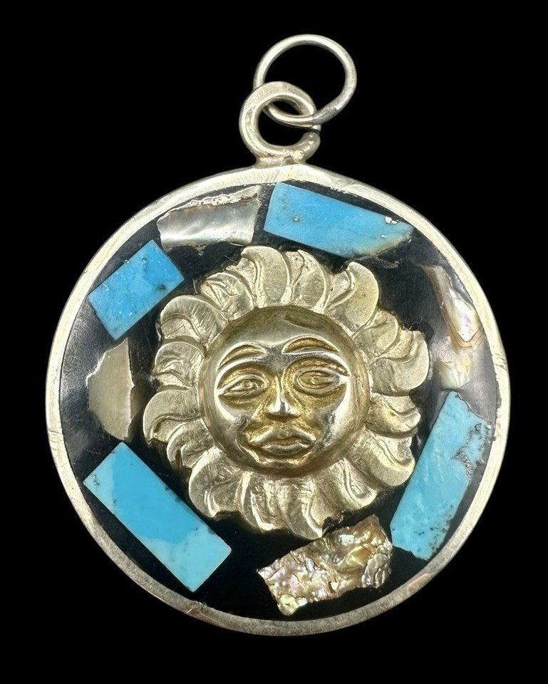 Sterling Aztec Calendar Sun Double Sided Amulet Pendant Inlay Turquoise ...