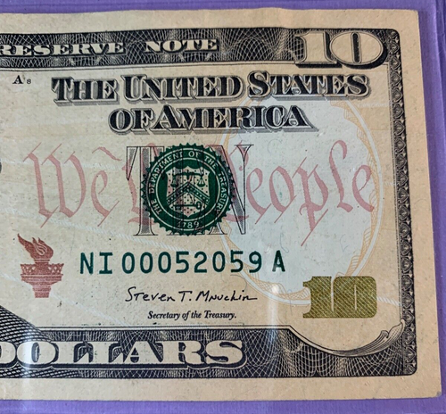 2017 $10 DOLLAR NOTE "NI 00052059 A" LOW SERIAL NUMBER | eBay