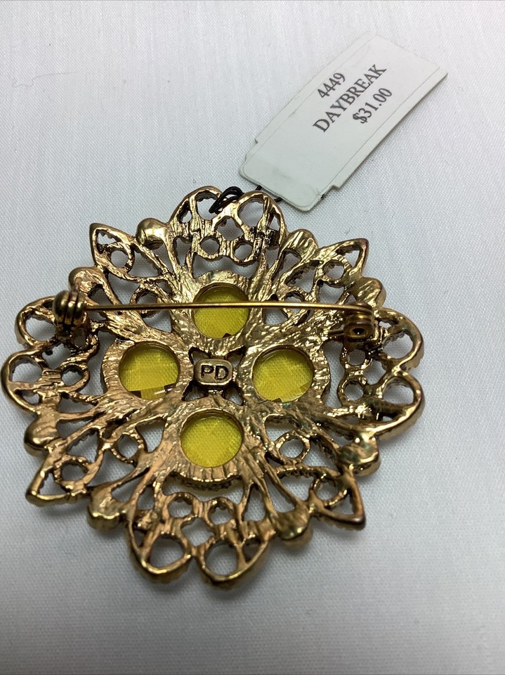 NWT Vintage Premier Design DAYBREAK Amber Gold Faceted Crystal Brooch ...