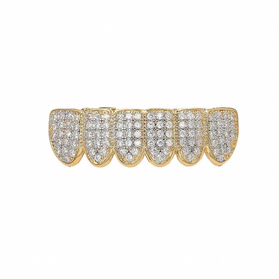 6 Teeth Grillz Mouth Top Bottom Full Iced Bling Hip Hop Tooth Caps ...