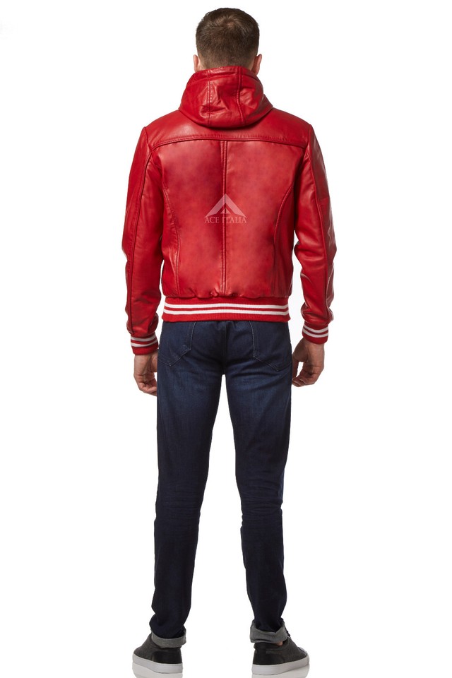 'BASEBALL Mens Leather HOODED Slim Fitted Stylish HipHop Rap Red Jacket ...