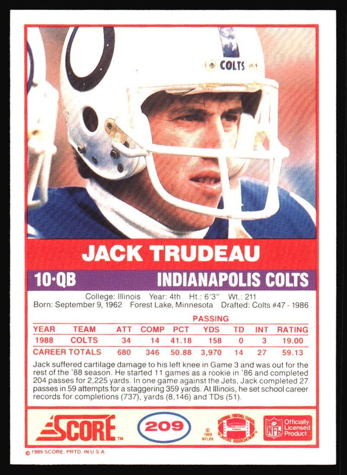1989 Score Jack Trudeau #209 Indianapolis Colts | eBay