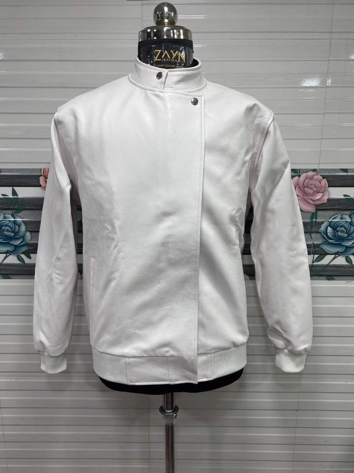 Men's Pure White Leather Bomber Jacket Real Lambskin Leather Classic ...