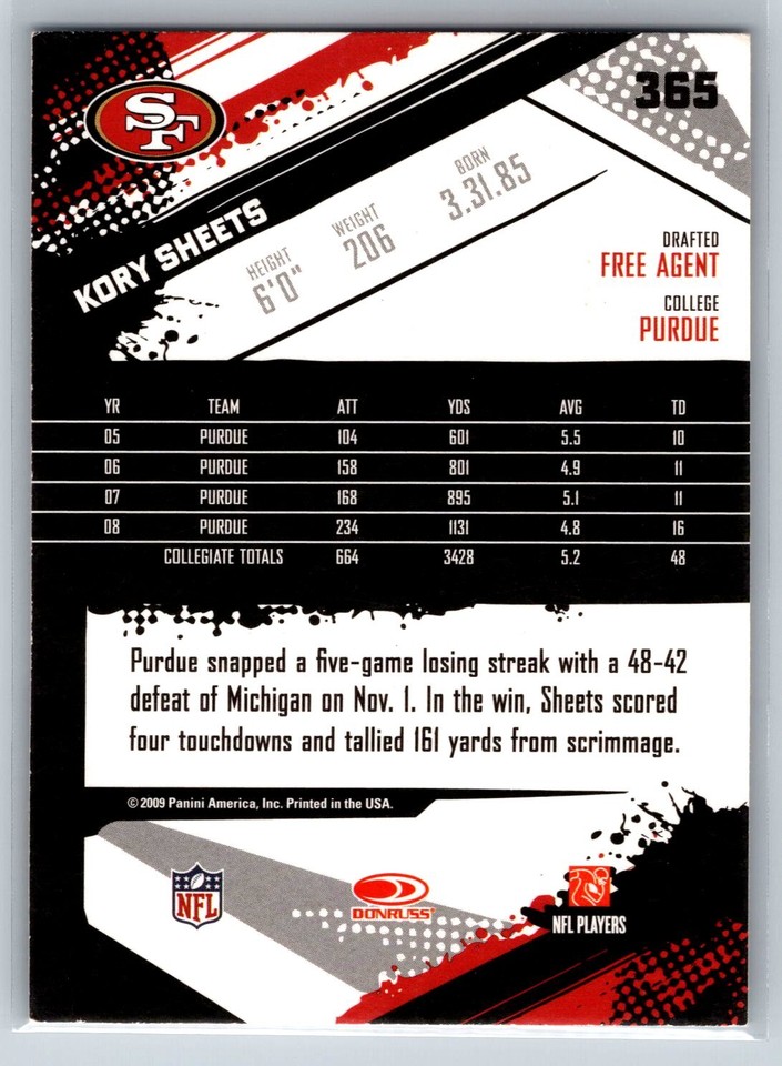 2009 Score Kory Sheets Rookie San Francisco 49ers RC #365 | eBay