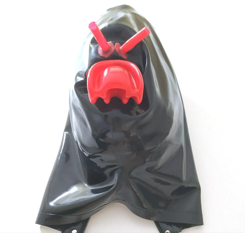 Latex Rubber Hood Mask with Red Teeth Gag and Nasal Tubes Back Zipper ...
