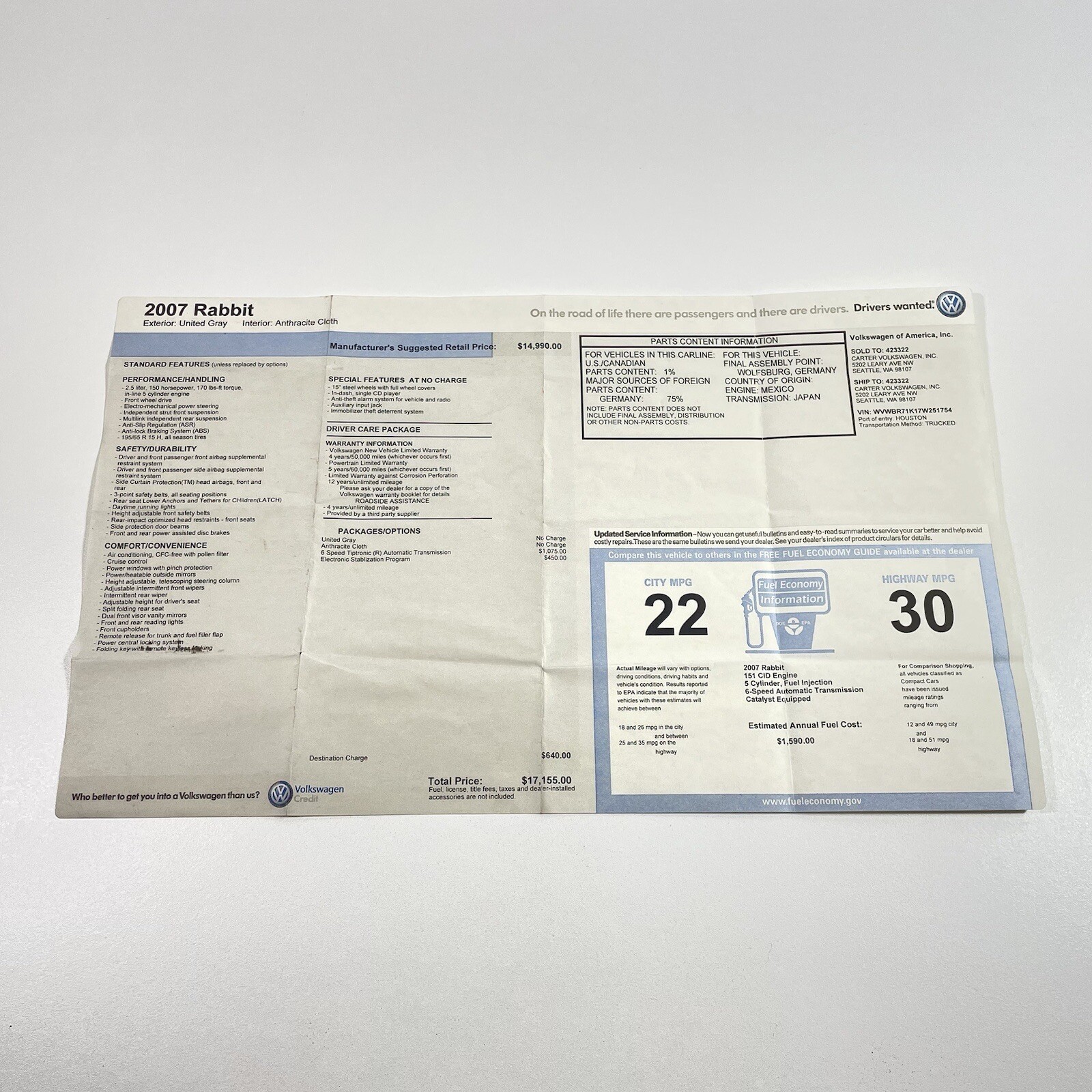 2007 VW Jetta 2.5 ORIGINAL Dealer MSRP Window Sticker OEM Volkswagen | eBay