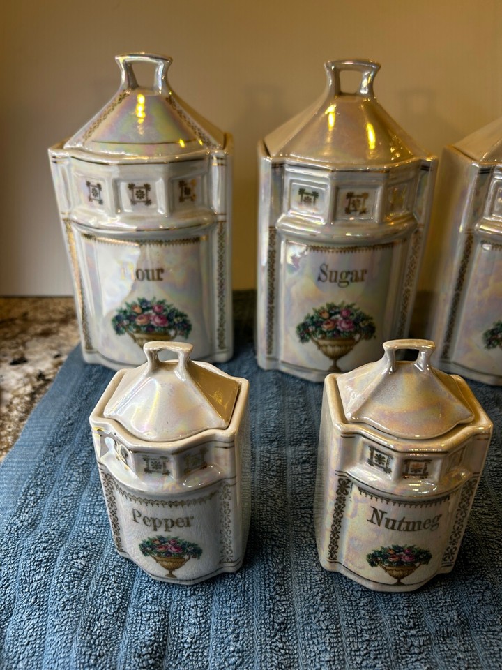 Vintage Block German Lusterware Cannisters plus Lids & Spice Jars | eBay
