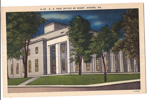 US POST OFFICE By NIGHT ATHENS Georgia GA Postcard White Marble Columns ...