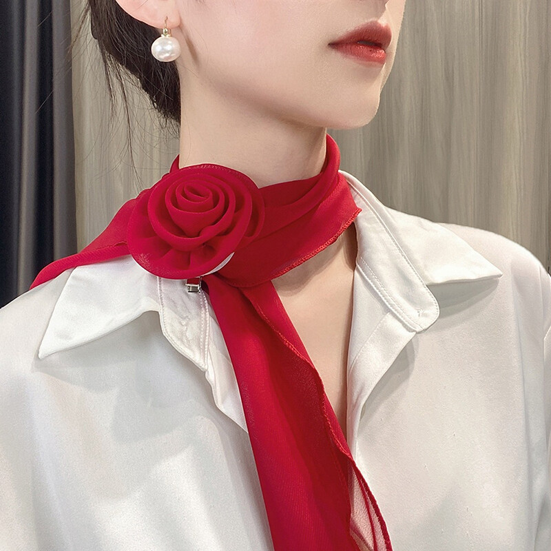 Fashion Rose Flower Silk Scarf Versatile Soft Neckerchief Long Ribbon ...