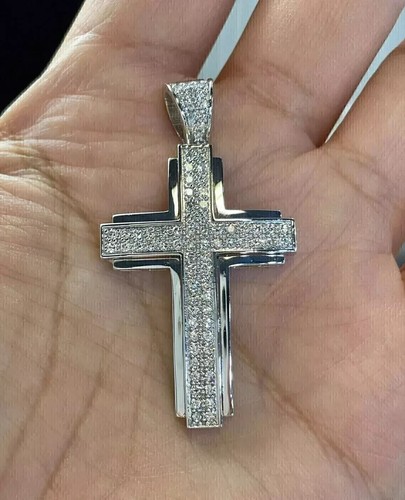 2Ct Round Cut Lab Created Diamond Men's Cross Pendant 14k White Gold ...