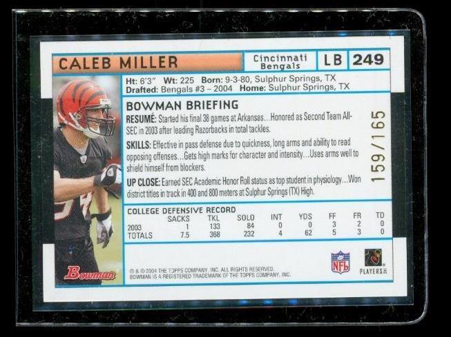 2004 TOPPS BOWMAN ROOKIE Football Trading Card #249 CALEB MILLER ...