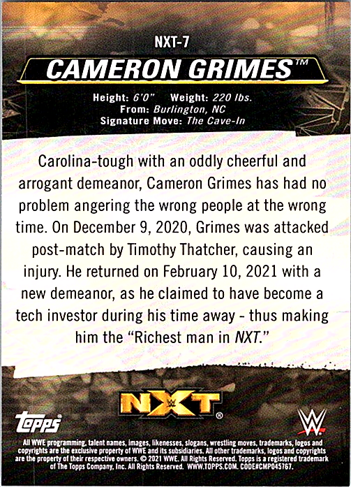 2021 Topps WWE NXT We Are NXT NXT-7 Cameron Grimes | eBay
