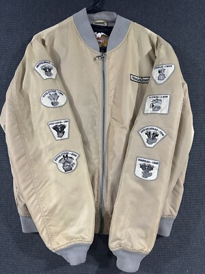 Harley Davidson Bomber Jacket Large Tan Distressed Engine Patches Full ...