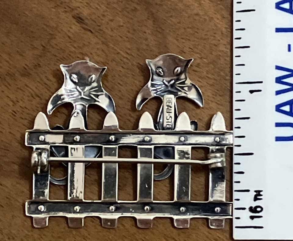 Vintage 1960s BEAU Cats On Fence Brooch Pin 925 Sterling Silver MCM ...