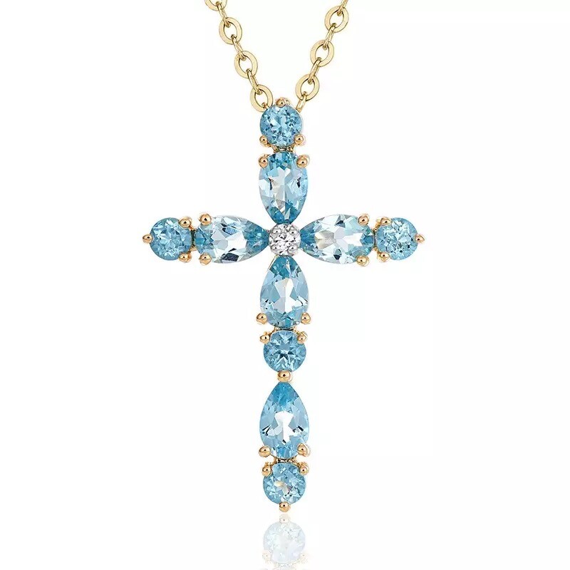 ZARD Large Cross Pedant in Blue CZ and Gold Plated Sterling Silver ...