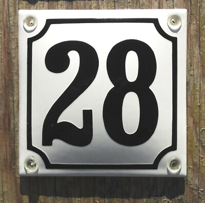 HOUSE NUMBER 28, CLASSIC ENAMEL SIGN. BLACK No.28 ON A WHITE BACKGROUND ...