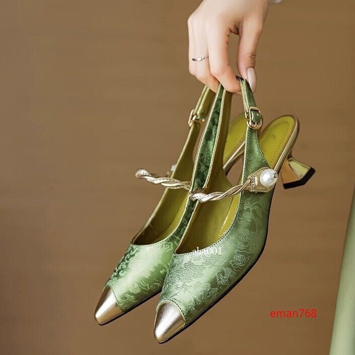 Women Chinese Style Pointed Toe Sandals Summer Kitten Heel Slingback ...