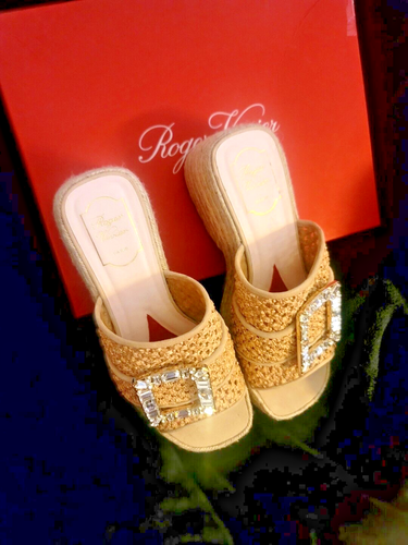 Roger Vivier Raffia Crystal Buckle Platform Sandals Natural Women’s EU ...